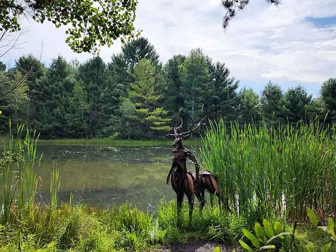 That majestic metal deer standing guard by the water looks more regal than most actual wildlife you'll encounter.