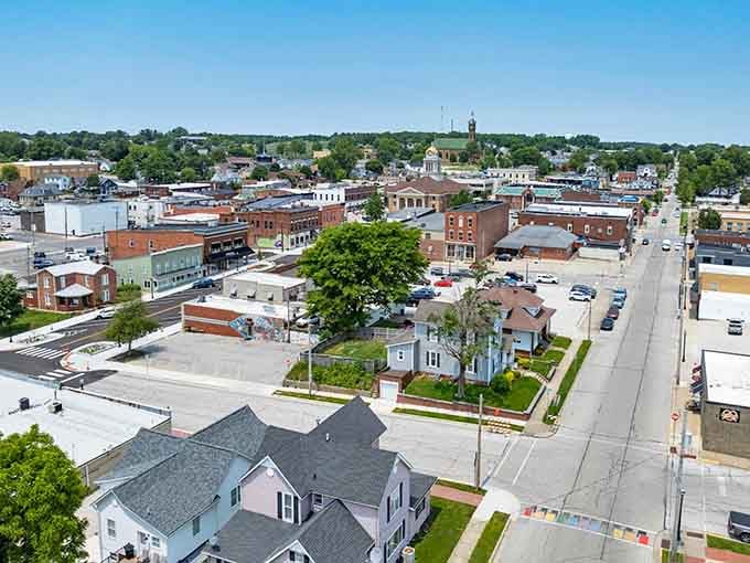 From above, this Indiana gem reveals its European soul: church steeples, brick buildings, and tree-lined streets worth exploring.