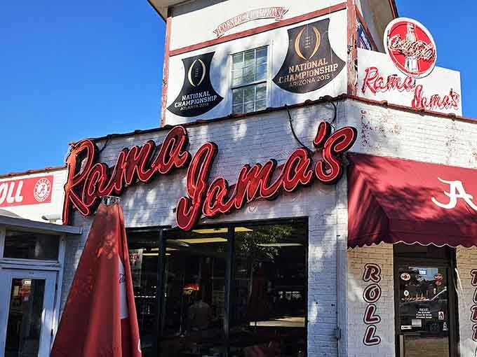 The crimson and white exterior isn't just school spirit, it's a beacon calling hungry fans home to breakfast glory.