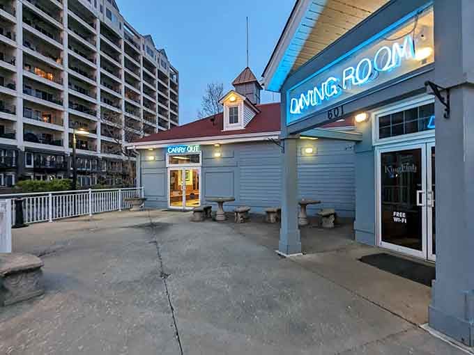 That charming turret and coastal architecture prove you don't need an ocean for serious seafood vibes.