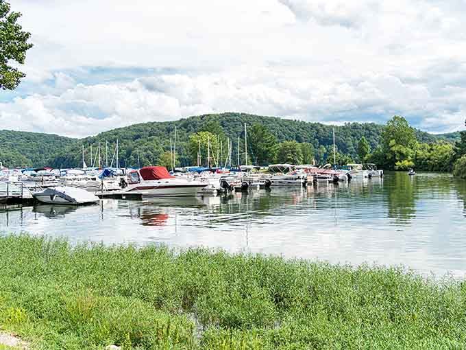 The marina at Claytor Lake looks like a postcard that somehow became real life and better.