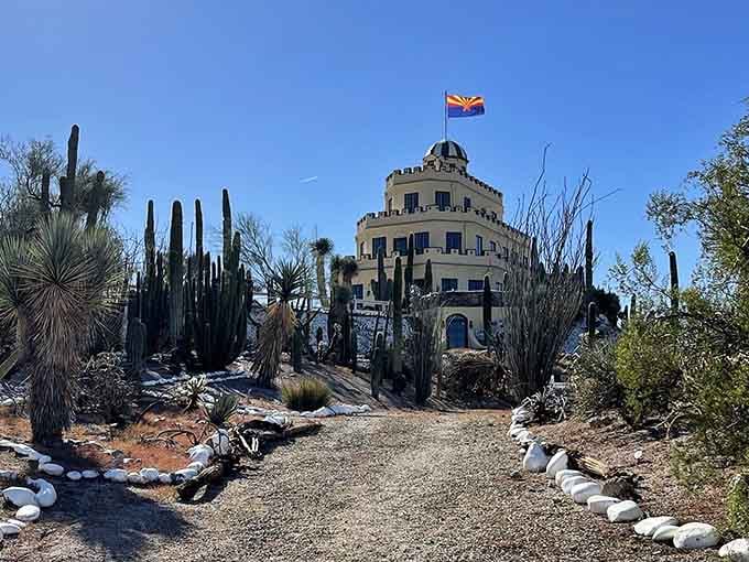 A three-tiered wedding cake that someone brilliantly decided to build full-scale in the Arizona desert.