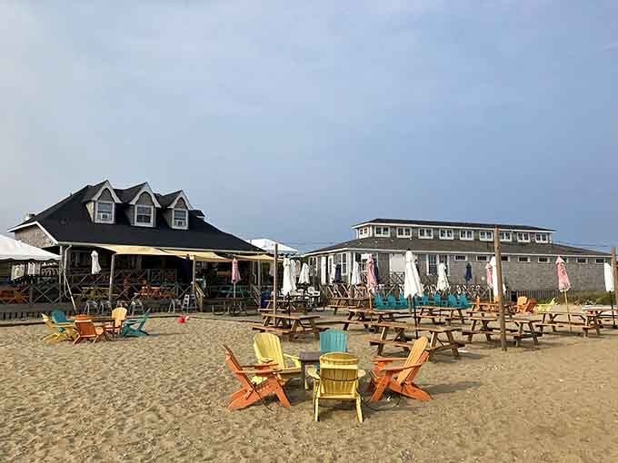 Those colorful Adirondack chairs aren't just furniture, they're an invitation to stay all day long.