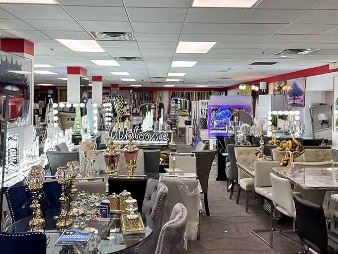 A showroom floor where "Welcome" isn't just a sign, it's a promise backed by furniture that sparkles like champagne wishes.