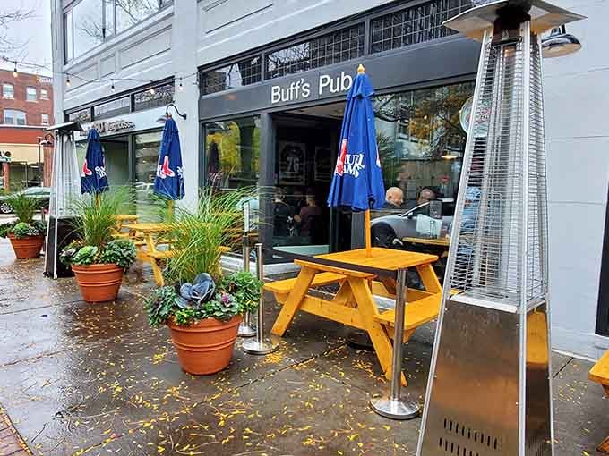 The welcoming entrance to Newton's wing headquarters, where serious flavor decisions await just beyond those doors.