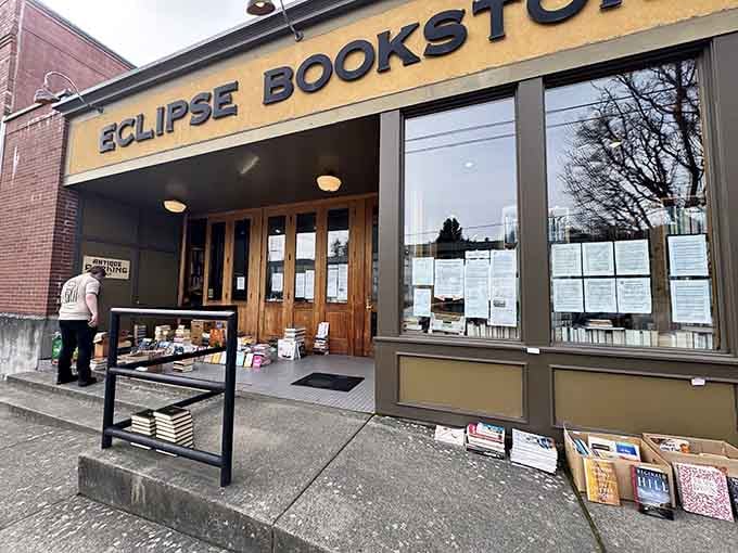 The yellow exterior glows like a lighthouse for book lovers lost in the digital sea of modern life.