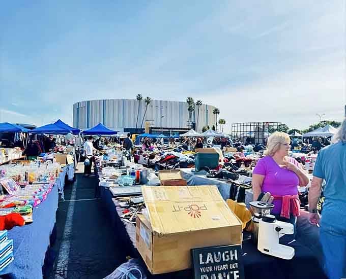 Rows of treasures stretch toward the iconic Sports Arena, where one person's clutter becomes your Saturday morning gold mine.