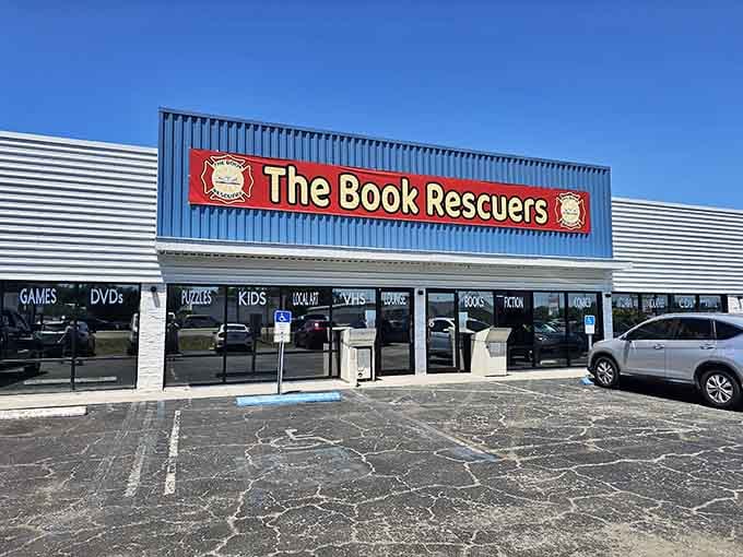 That blue and red sign isn't just announcing a bookstore, it's declaring a full-scale literary rescue operation.