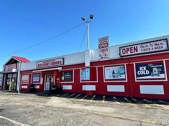 That bold red and white exterior promises treasures inside, and those "Open 7 Days a Week" signs mean business.