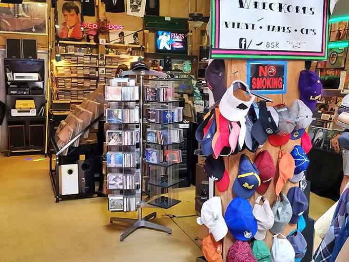 Explore the treasure-filled aisles of Barnyard Flea Market, featuring a wonderful collection of vintage records, cool hats, and musical gems.