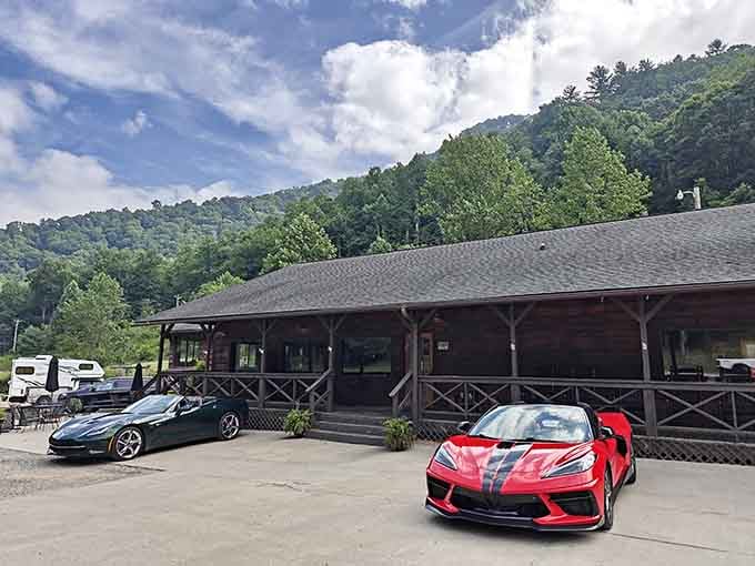 That rustic log exterior nestled against green mountains promises the kind of authentic mountain experience your soul's been craving.