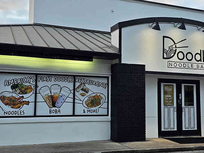 Even the exterior commits to the bit, with hand-drawn details that make passersby do a double-take.