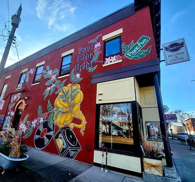 That mural isn't just decoration, it's a love letter to music painted across an entire building.