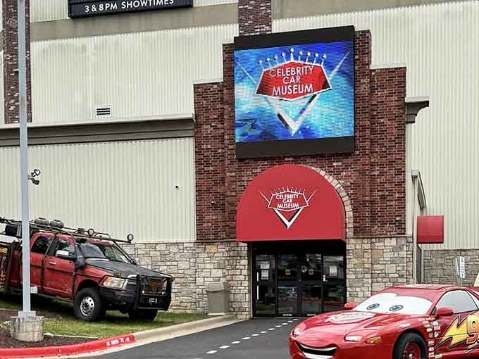 The museum's exterior promises automotive magic, with celebrity rides waiting just beyond those doors.