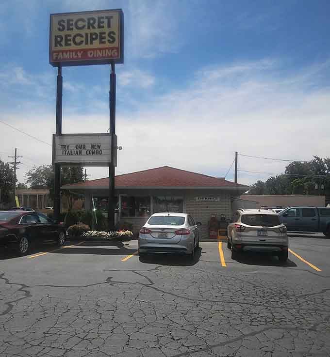 The sign promises secret recipes, and judging by the full parking lot, those secrets are definitely worth discovering.