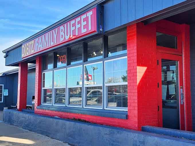 That bold red and gray exterior isn't whispering&mdash;it's announcing that serious eating is about to happen inside.