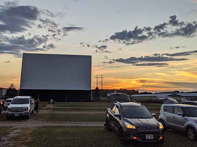 That massive screen rising against a painted sky is your portal to cinematic magic in the Wisconsin countryside.