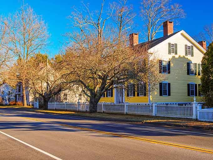 Classic New England architecture lines Woodbury's streets, where every building whispers stories from centuries past.