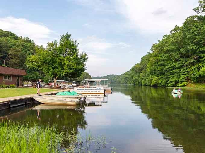 Mirror-smooth water reflecting green hills like nature's own screensaver, only this one actually relaxes you.