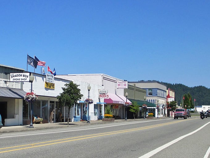 Main Street charm with hanging baskets and mountain views proves small-town America still exists beyond Hallmark movies.