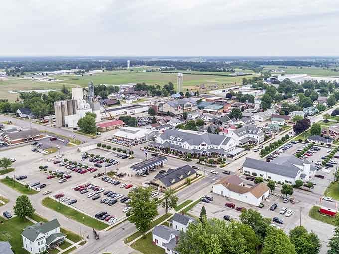 From above, Shipshewana spreads out like a patchwork quilt someone forgot to fold up and put away.