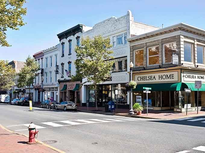 Those vintage storefronts hide treasures inside, and that red fire hydrant has probably seen decades of antique hunters pass by.