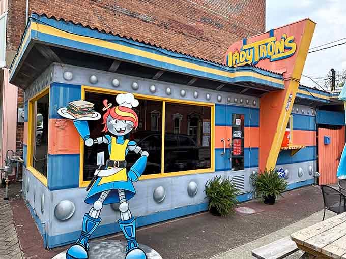 That robot mascot isn't just standing guard &ndash; it's practically begging you to come inside for lunch.