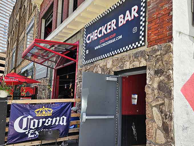 That checkered flag signage and outdoor patio setup promise good times ahead, like finding the finish line to fun.