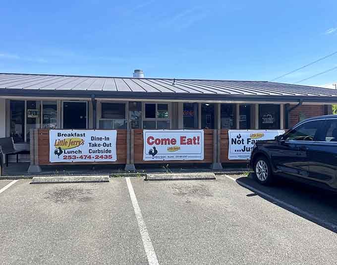That unassuming strip mall exterior hides a breakfast paradise where Seinfeld references meet seriously good food.