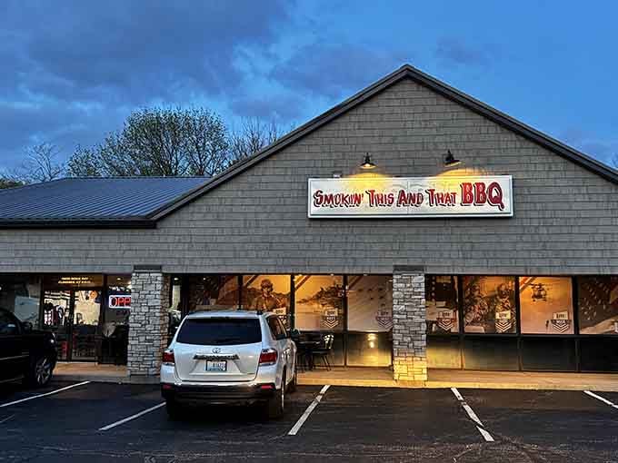 The unassuming exterior hides a treasure trove of smoked meats and military pride inside.