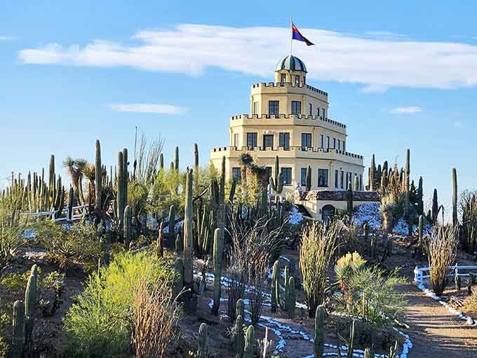 A three-tiered wedding cake that someone brilliantly decided to build full-scale in the Arizona desert.