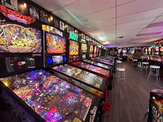 Rows of gleaming pinball machines stand ready like soldiers in the world's most entertaining army.