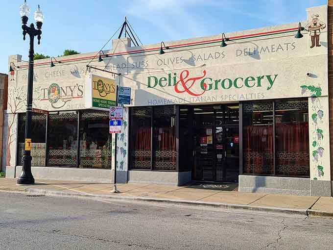 The "Deli & Grocery" sign tells the whole story: this is where your sandwich dreams and your Italian pantry needs converge beautifully.