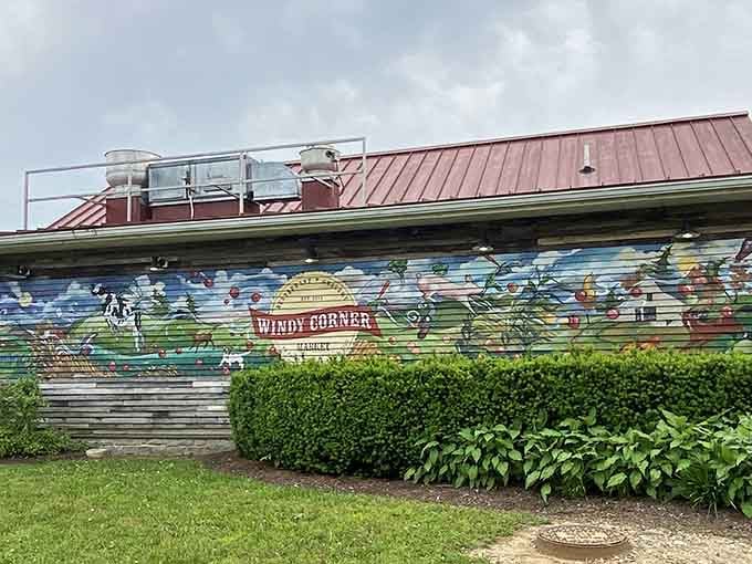 That colorful mural and red roof aren't just decoration—they're a beacon calling you to breakfast paradise.