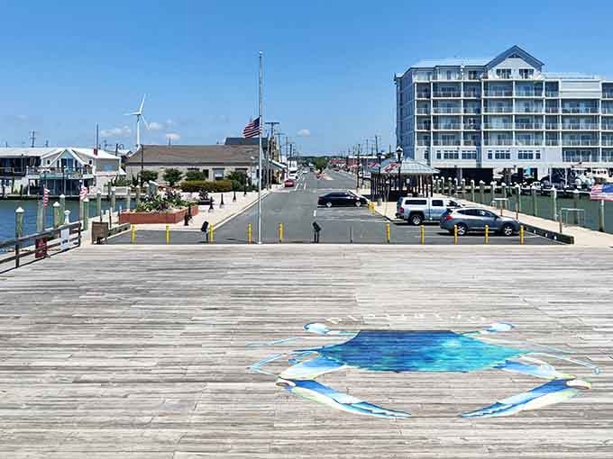 That crab mural on the pier isn't just art, it's a declaration of what matters here: seafood and pride.