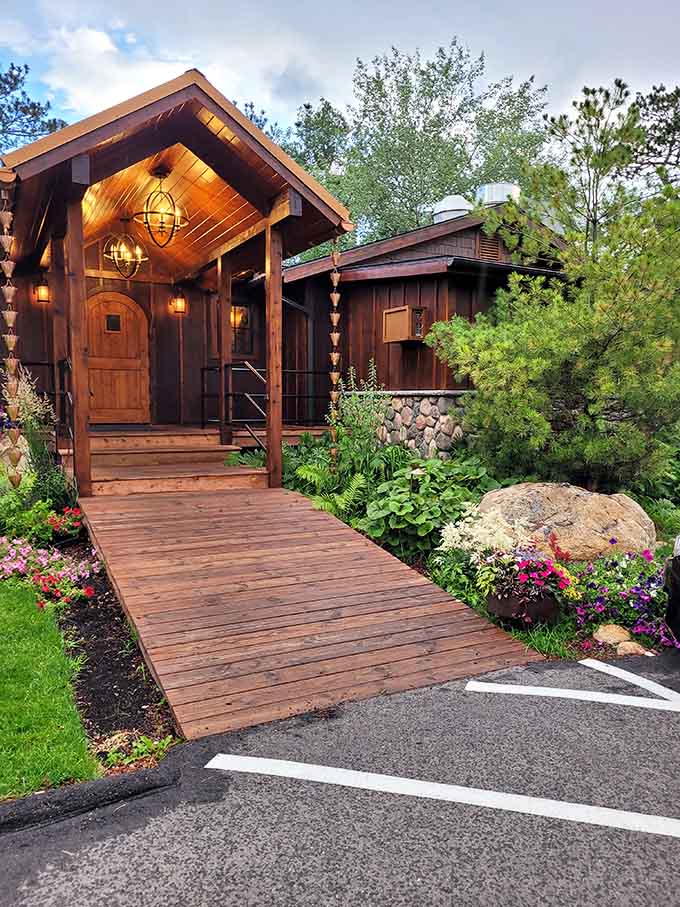 That wooden walkway and lodge-style entrance promise something special, like finding a Nordic treasure in the Minnesota woods.