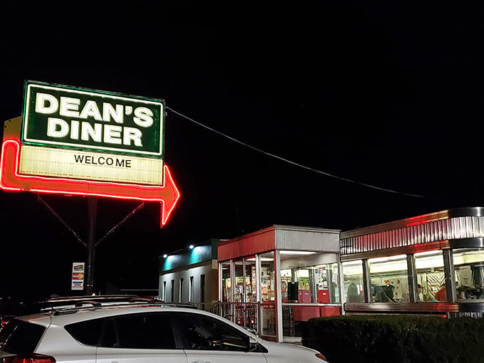 That glowing neon arrow isn't just pointing to the diner, it's pointing straight to breakfast heaven.