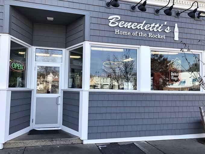 Gray shingles and white trim hide a delicious secret that'll change your definition of sandwich size forever.