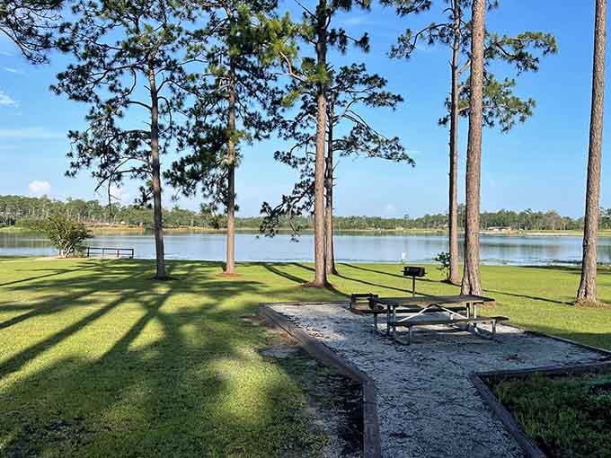 Lakeside serenity meets Southern charm where picnic tables overlook waters teeming with life and endless possibilities.