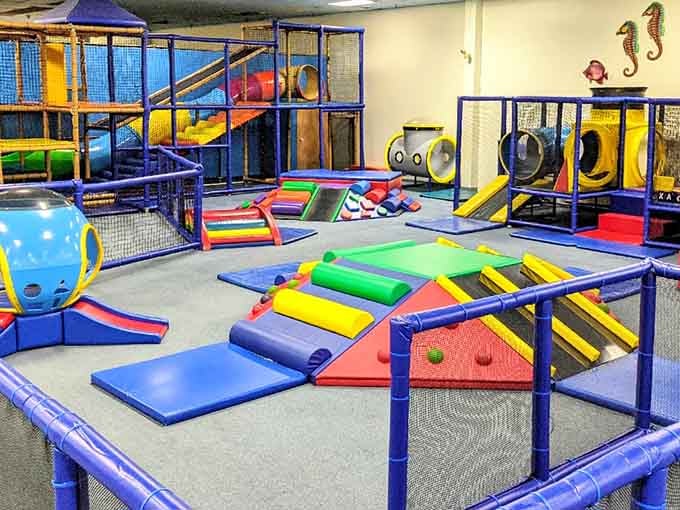 Rainbow-colored foam shapes create an obstacle course that would make parkour enthusiasts jealous, minus the broken bones.