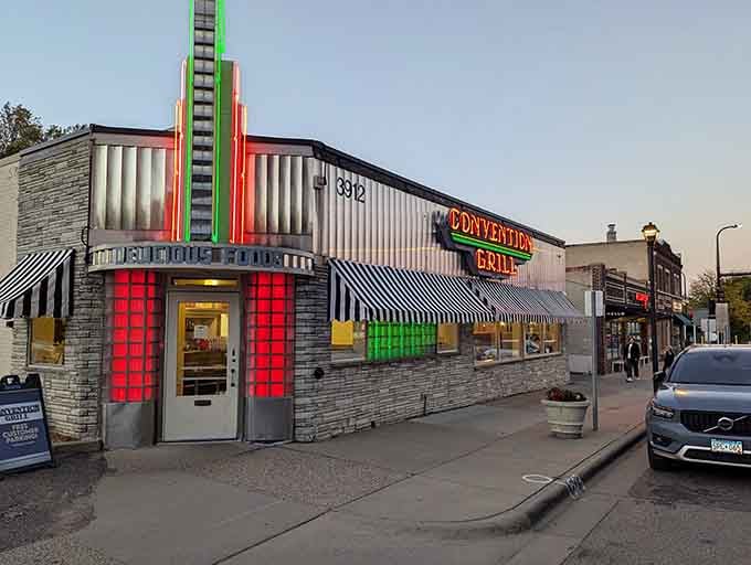 When those neon lights fire up at dusk, Convention Grill transforms into a glowing temple of American diner perfection.