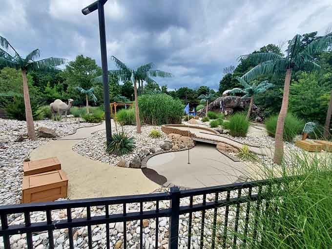 Palm trees and safari landscapes transform ordinary putting into an expedition worthy of your vacation photo album.