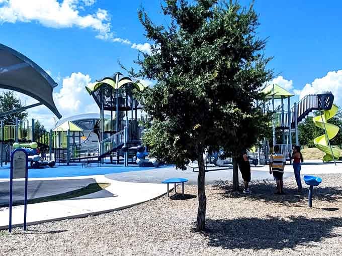Modern playground equipment meets thoughtful design in this vibrant San Antonio park that redefines family recreation.