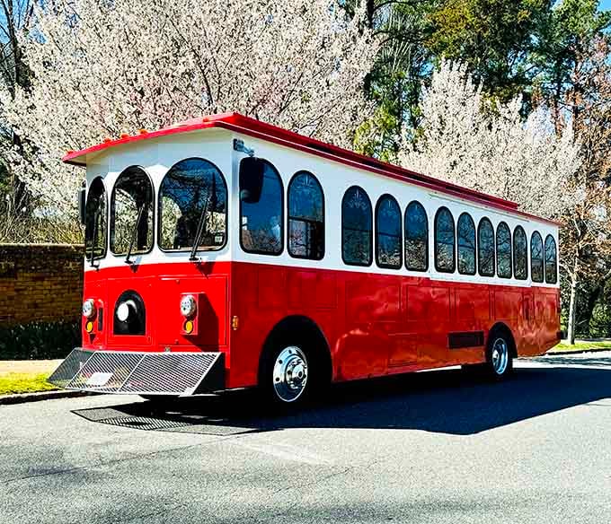 That gleaming red and white trolley isn't just transportation, it's your ticket to Virginia wine country without the designated driver guilt.