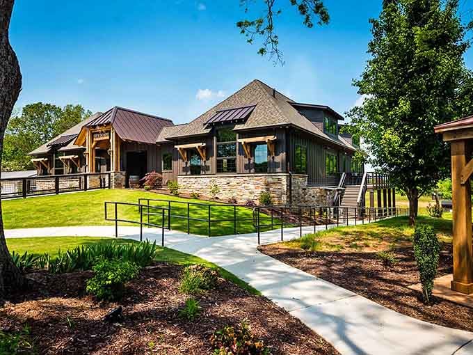 This is what happens when someone decides a winery should look like it belongs in Architectural Digest and a Southern farm magazine simultaneously.