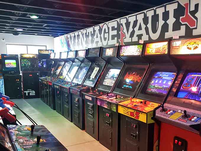 Classic cabinets line up in perfect formation, their vibrant screens beckoning you to prove you've still got the reflexes you bragged about.