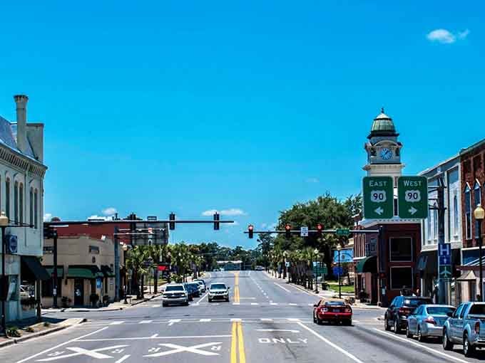 Downtown Live Oak stretches out like a postcard from Florida's quieter past, complete with that iconic clock tower.