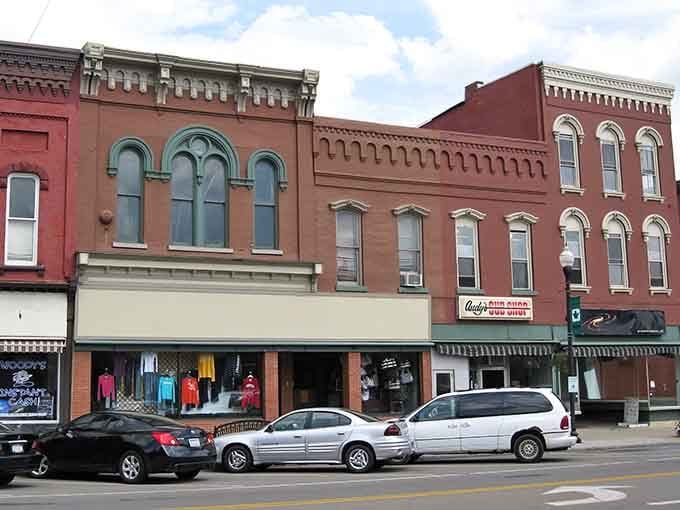 Main Street storefronts showcasing the kind of detailed brickwork that modern construction forgot how to build.