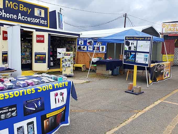 Phone accessories and quick chargers share space with mystery items&mdash;because why choose between technology and treasure hunting?