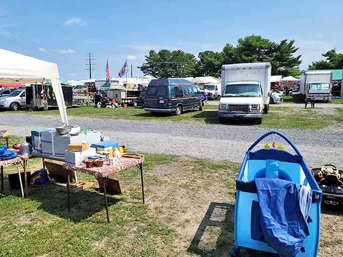 This sprawling outdoor marketplace stretches across acres where treasure hunters roam freely under open skies.